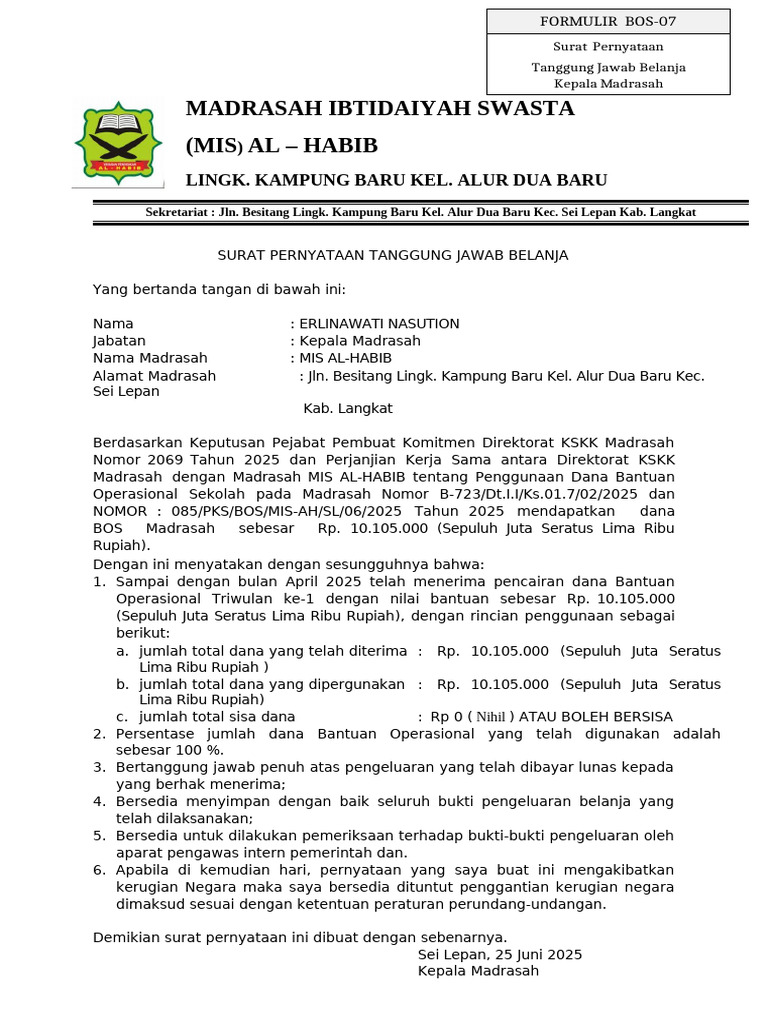 Surat Tanggung Jawab Belanja BOS MIS Al-Habib | PDF