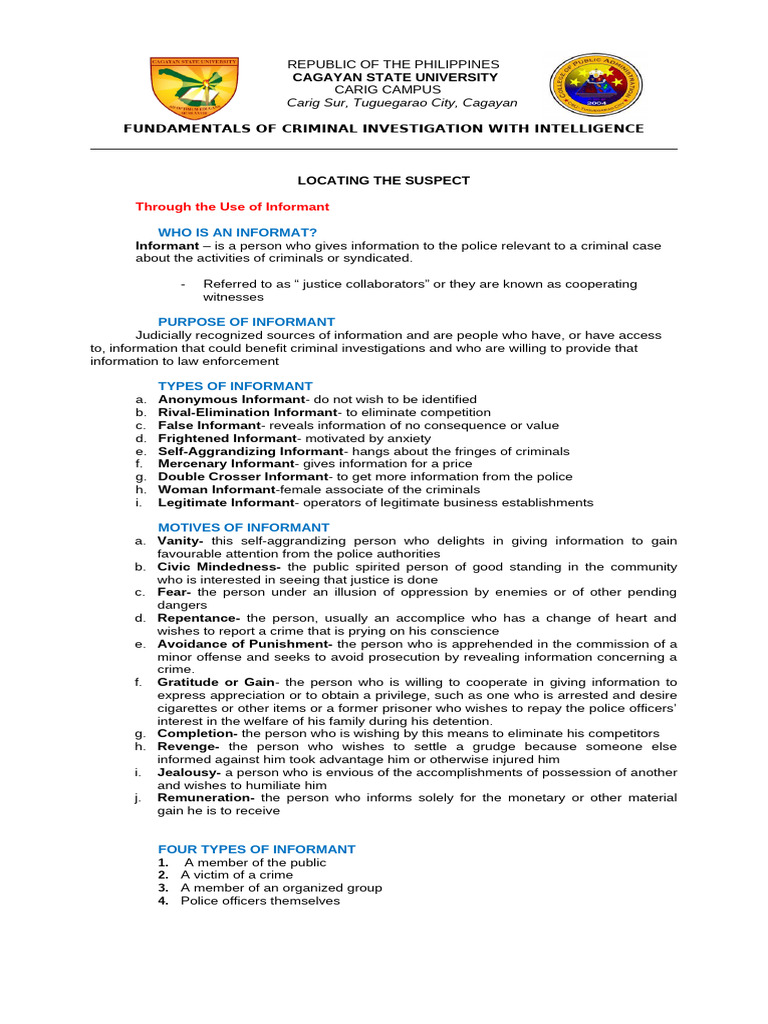 Topics 9 Locating The Suspect | PDF | Informant | Crimes