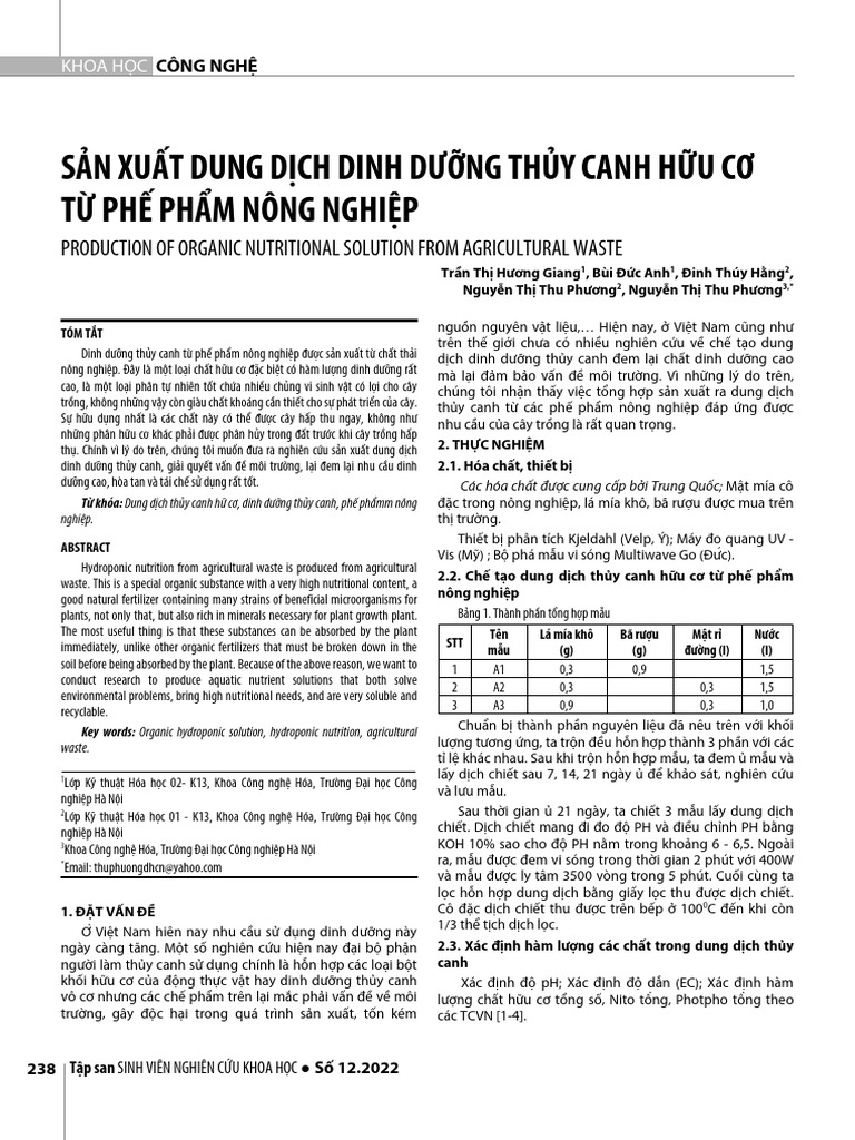 Sản Xuất Dung Dịch Dinh Dưỡng Thủy Canh Hữu Cơ Từ Phế Phẩm Nông Nghiệp ...