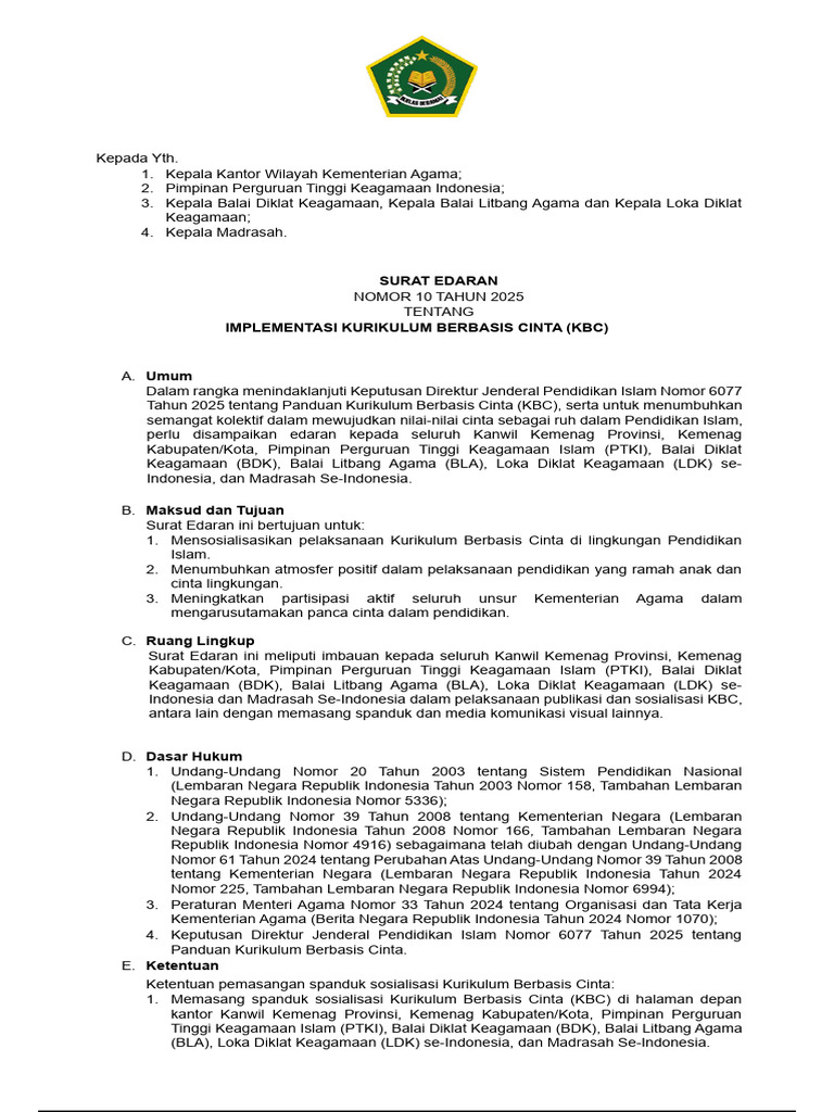Surat Edaran Dirjen Pendis Tentang Implementasi KBC TTE | PDF