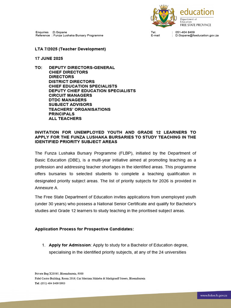 LTA 7 - 2025 TD Funza Lushaka Bursary Programme | PDF | Teachers | Vocational Education