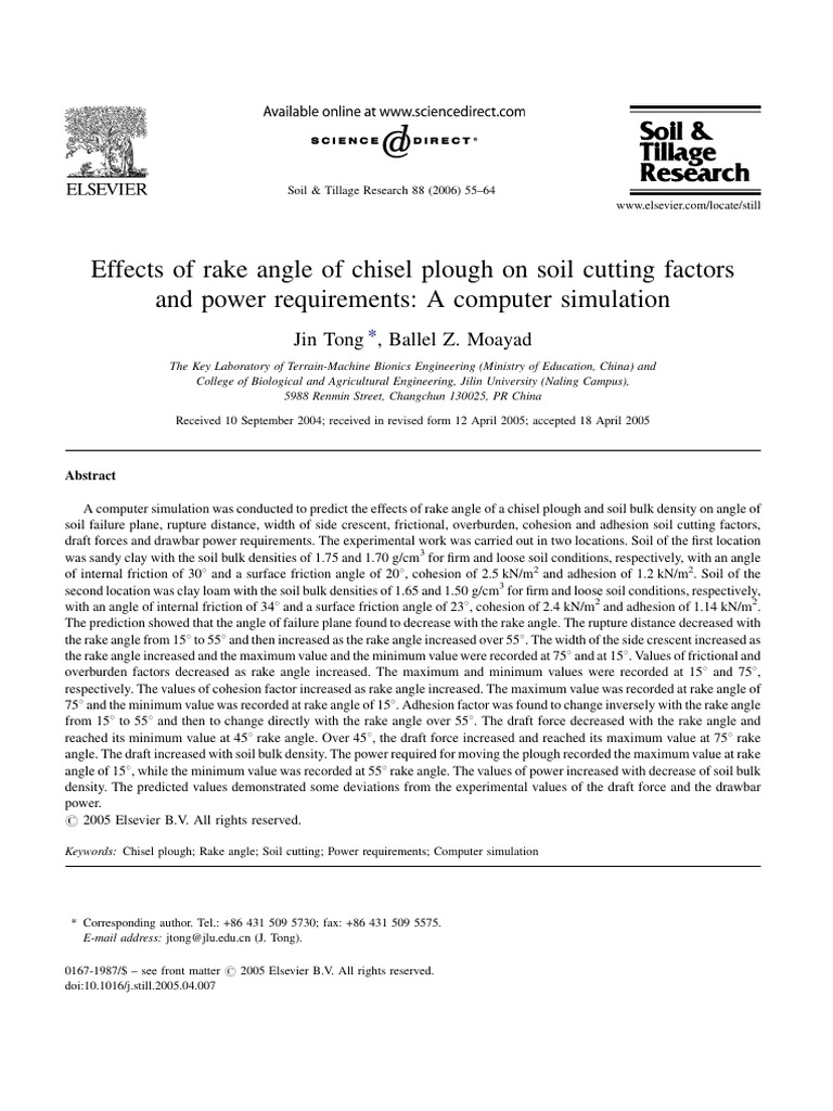 Effect of Rake Angle of Chisel Plough On Soil Cutting Factors and Power Requirement | PDF ...