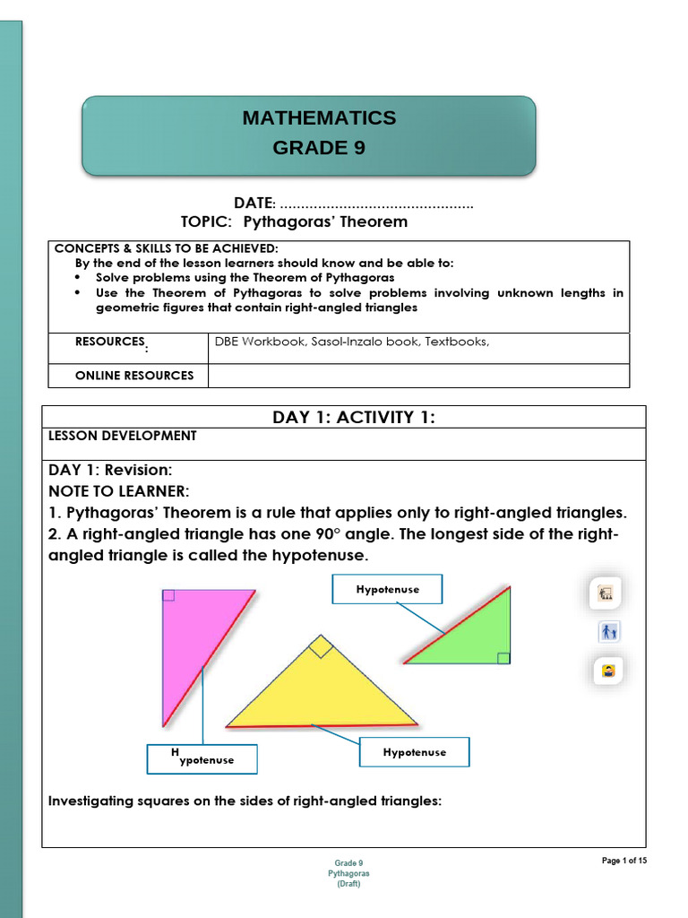 Grade 9 Pythagoras' Theorem Guide | PDF | Area | Mathematics