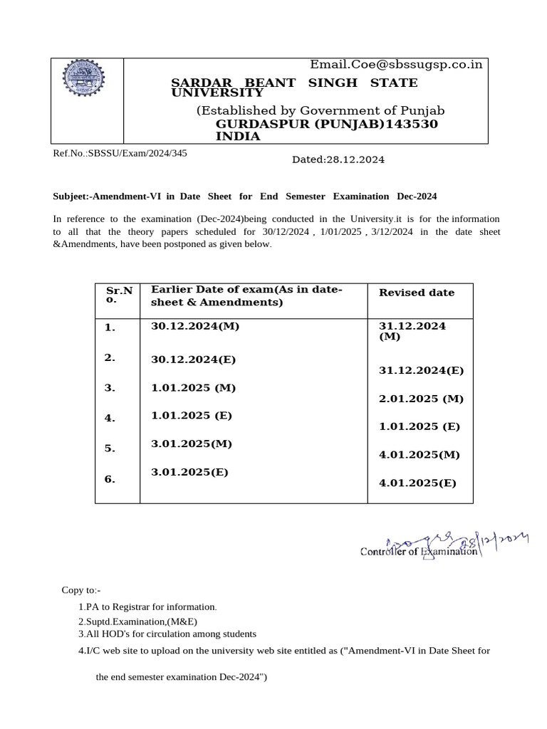 Dec 2024 Exam Date Sheet Amendment | PDF
