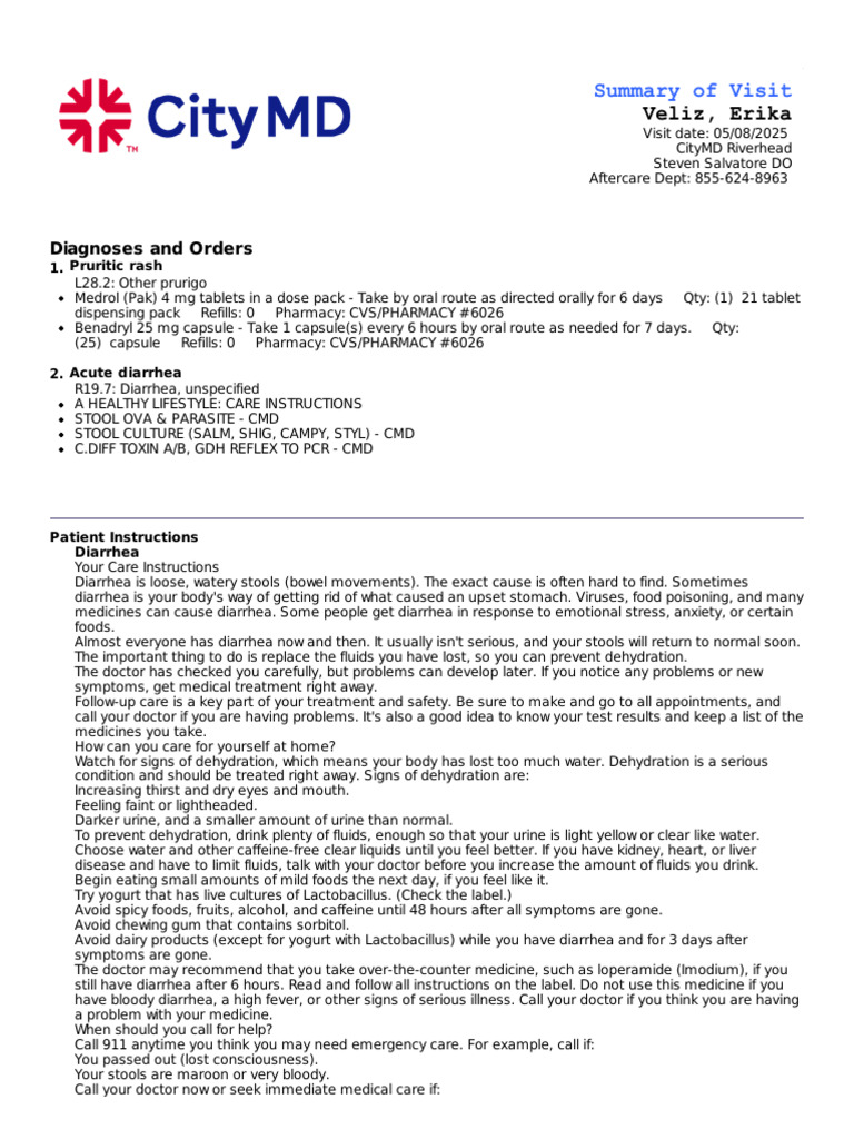 CityMD D - C Summary - Letter 2 | PDF | Diarrhea | Dehydration