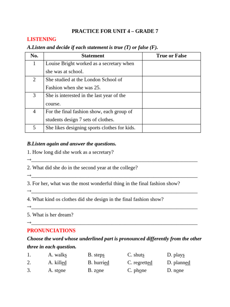 Unit 4 Practice for Grade 7 Students | PDF | Quilt | Mood (Psychology)