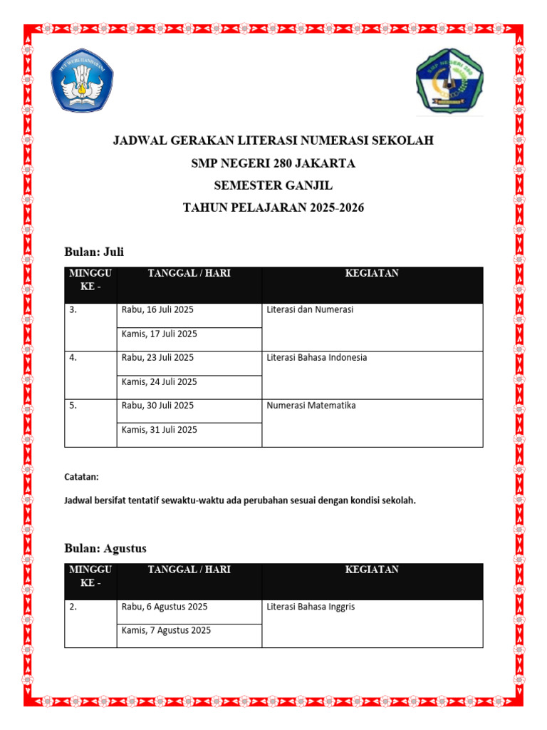 Sem 1 Jadwal Gerakan Literasi Numerasi Sekolah 2025-2026 | PDF