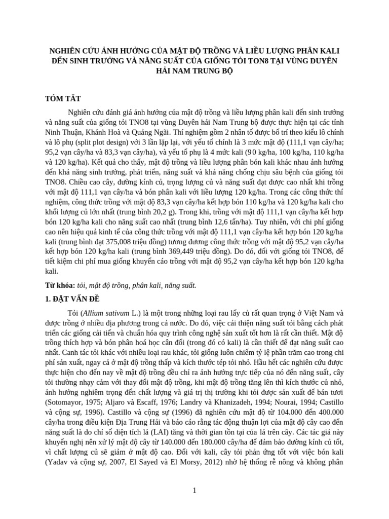 Mat Do Va Lieu Luong Kali Cho Giong Toi TNO8 | PDF