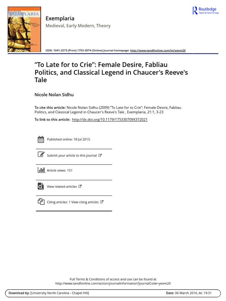 Sidhu, Nicole N. - To Late For To Crie: Female Desire, Fabliau Politics ...