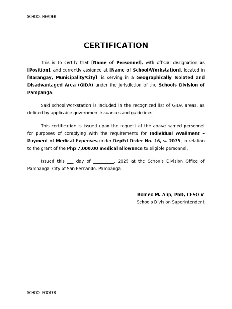 GIDA Certification for Medical Allowance | PDF