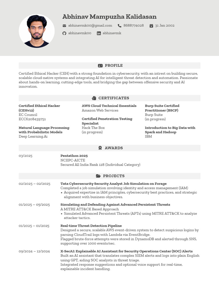 Abhinav Mampuzha Kalidasan FlowCV Resume 20250617 | PDF | Security | Computer Security