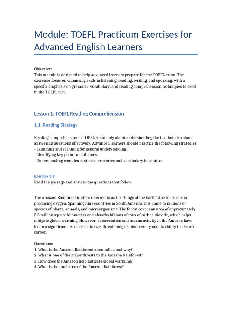 TOEFL Pratice Module Advanced | PDF | Reading Comprehension | Amazon Rainforest