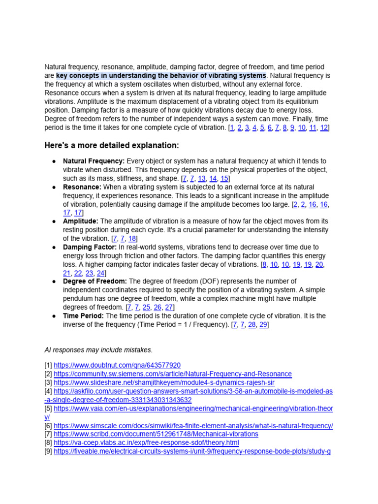 Natural Frequency, Resonance, Amplitude, Damping Factor, Degree of Freedom, Time Period. | PDF ...