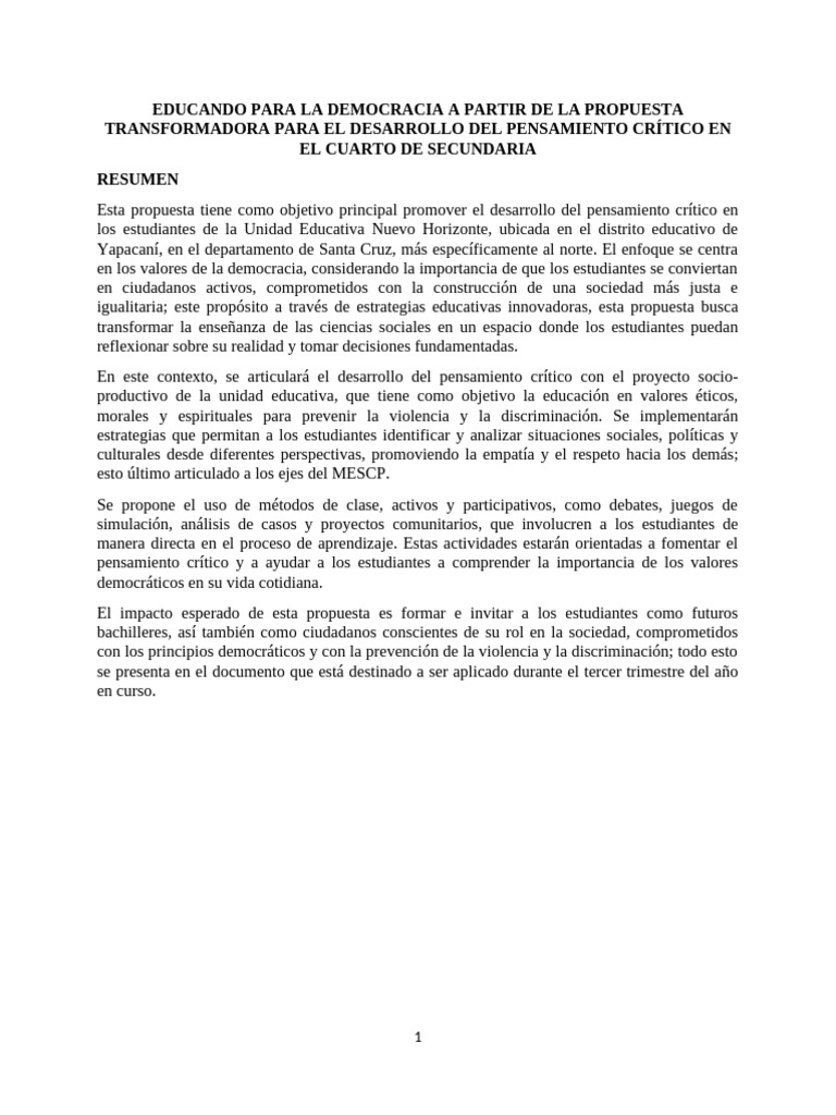 Propuesta Educativa - Educando para La Democracia en El Cuarto de Secundaria | PDF | Ideologías ...