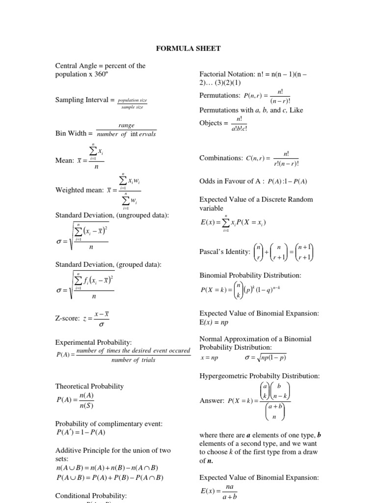 Grade 12 Probability Formula Sheet | PDF