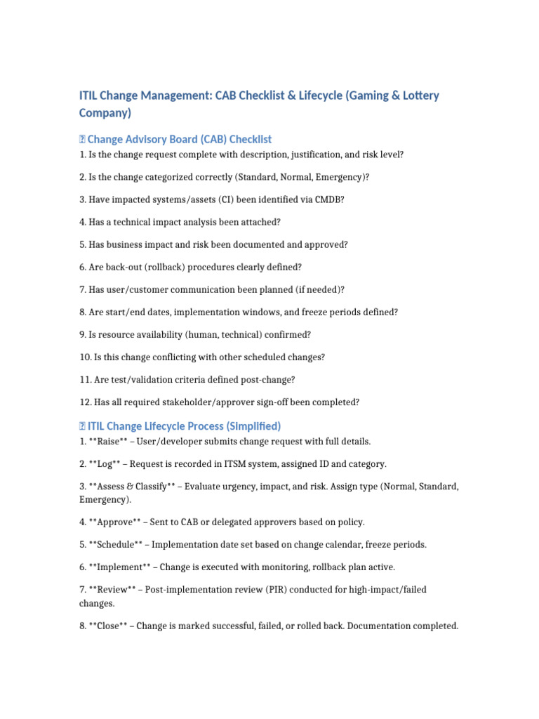 CAB Checklist Change Lifecycle | PDF