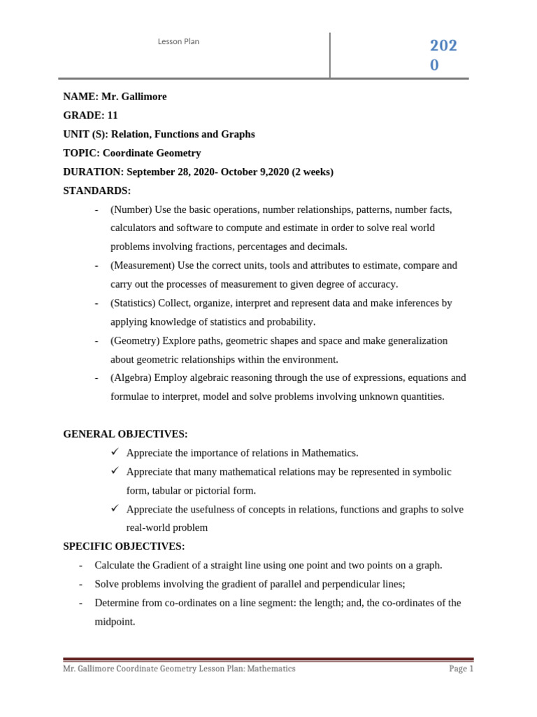 Coordinate Geometry Lesson Plan | PDF | Cartesian Coordinate System ...