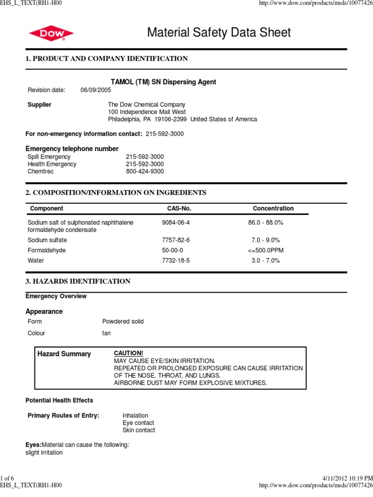 Dow Tamol SN Msds | PDF | Formaldehyde | Firefighting