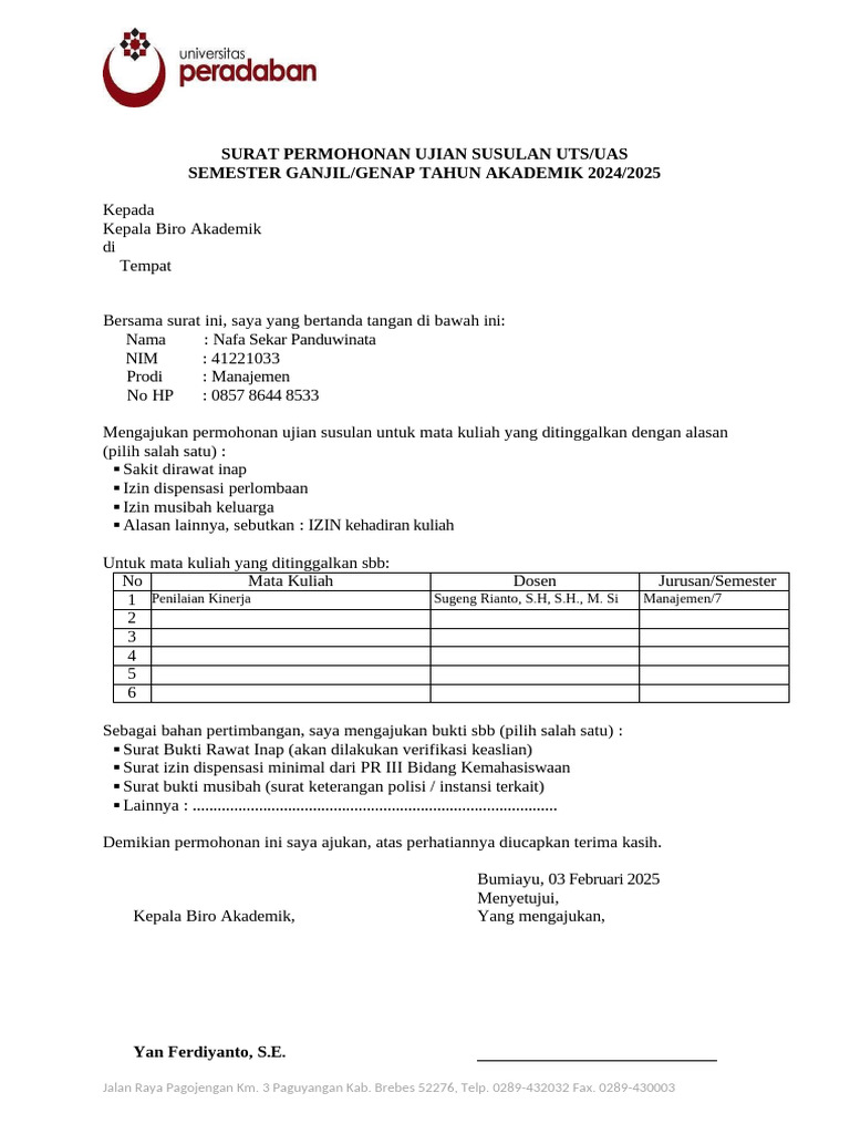 Form Permohonan Ujian Susulan (Tanpa TTD) (1) .Docxx | PDF