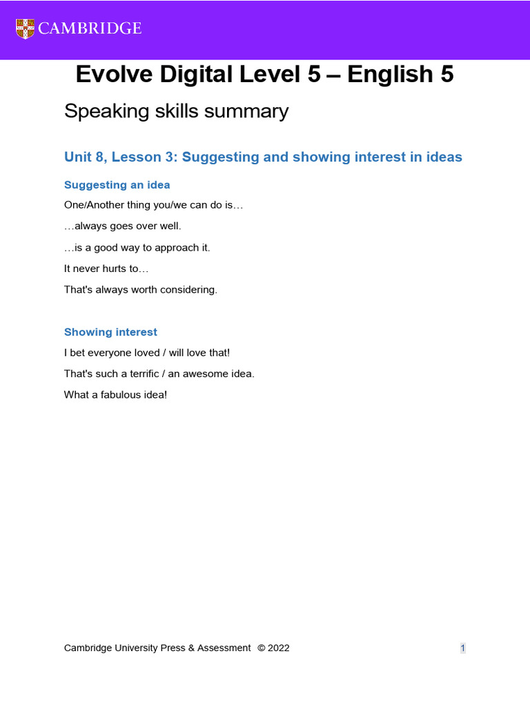 English Speaking Skills: Unit 8 Summary | PDF
