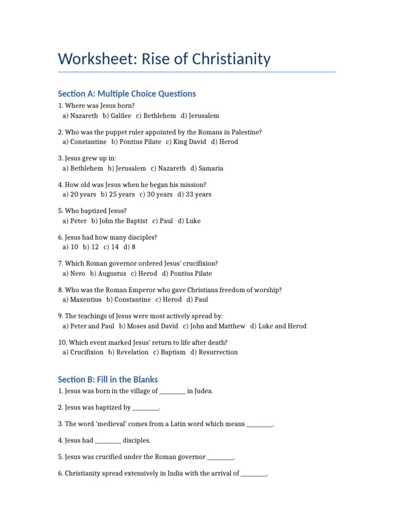 Christianity Rise Worksheet for Class 7 | PDF | Jesus | Ministry Of Jesus