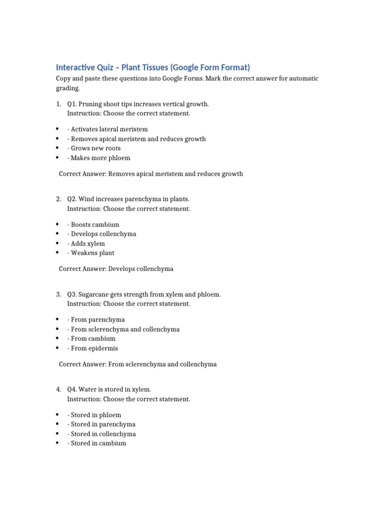 Plant Tissues Interactive Quiz | PDF | Tissue (Biology) | Plant Stem