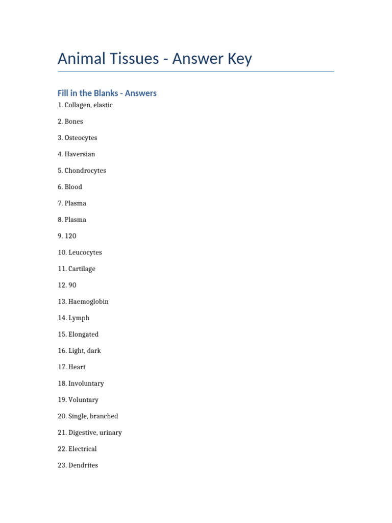 Animal Tissues Answer Key | PDF