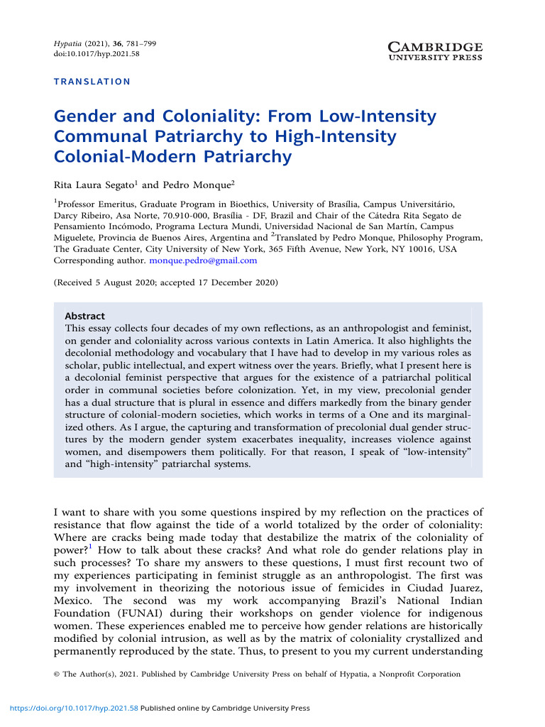 Gender and Coloniality From Low Intensity Communal Patriarchy To High ...