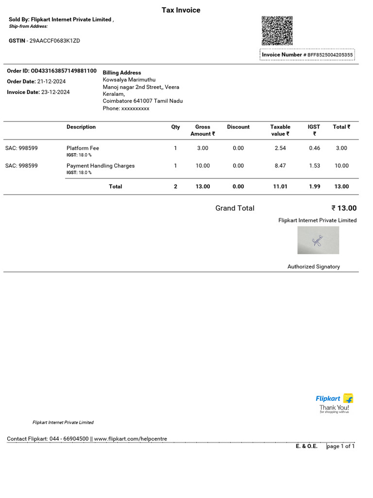 Flipkart Tax Invoice for Order OD433163857149881100 | PDF | Payments ...