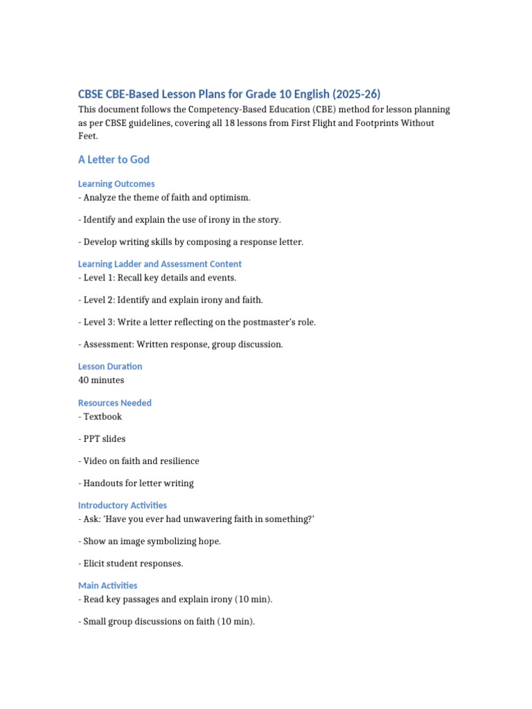 CBSE Grade 10 English Lesson Plans 2025-26 | PDF | Reading ...