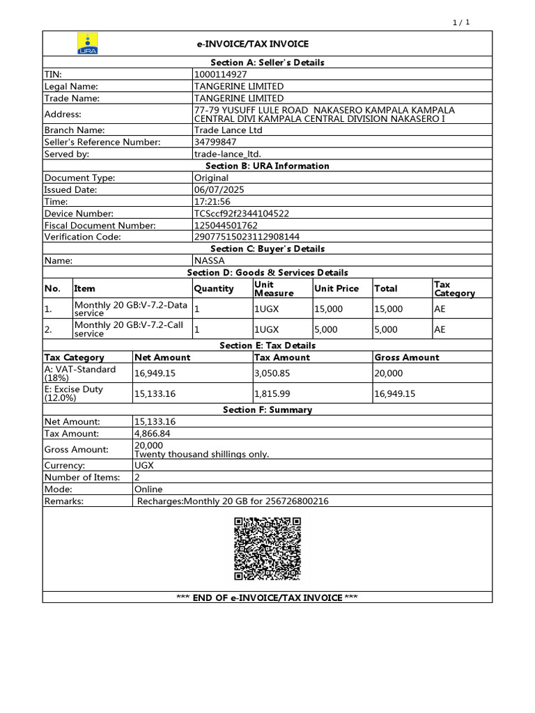 e-Invoice for Tangerine Limited Services | PDF