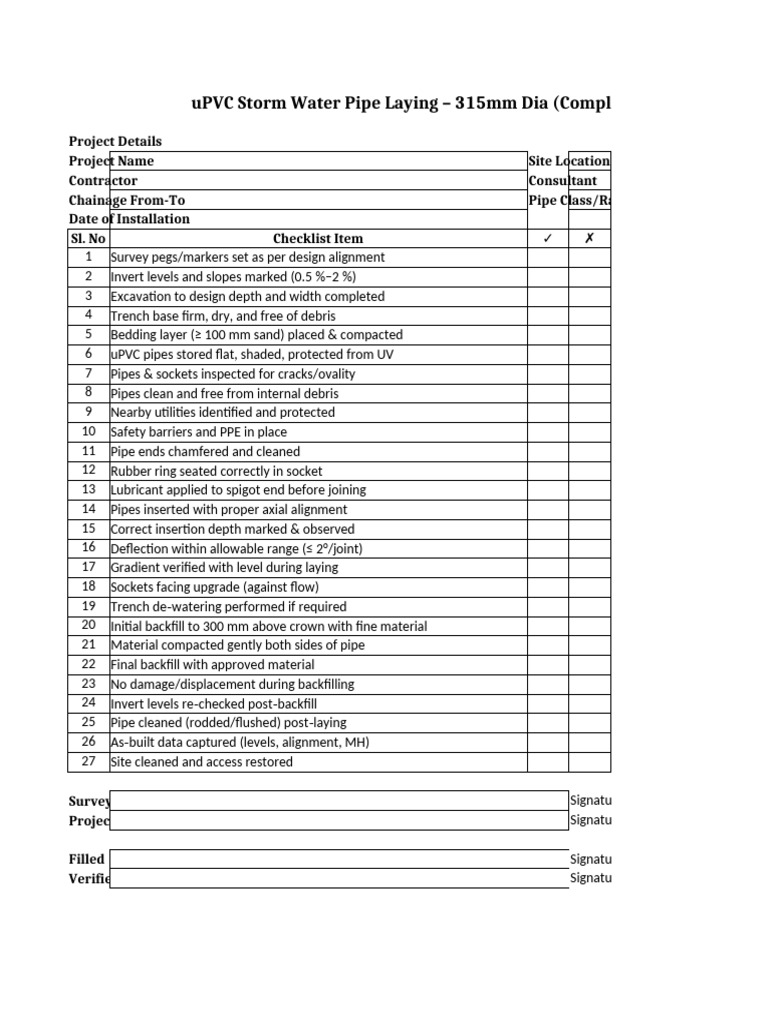 uPVC Storm Water Pipe Laying Checklist | PDF