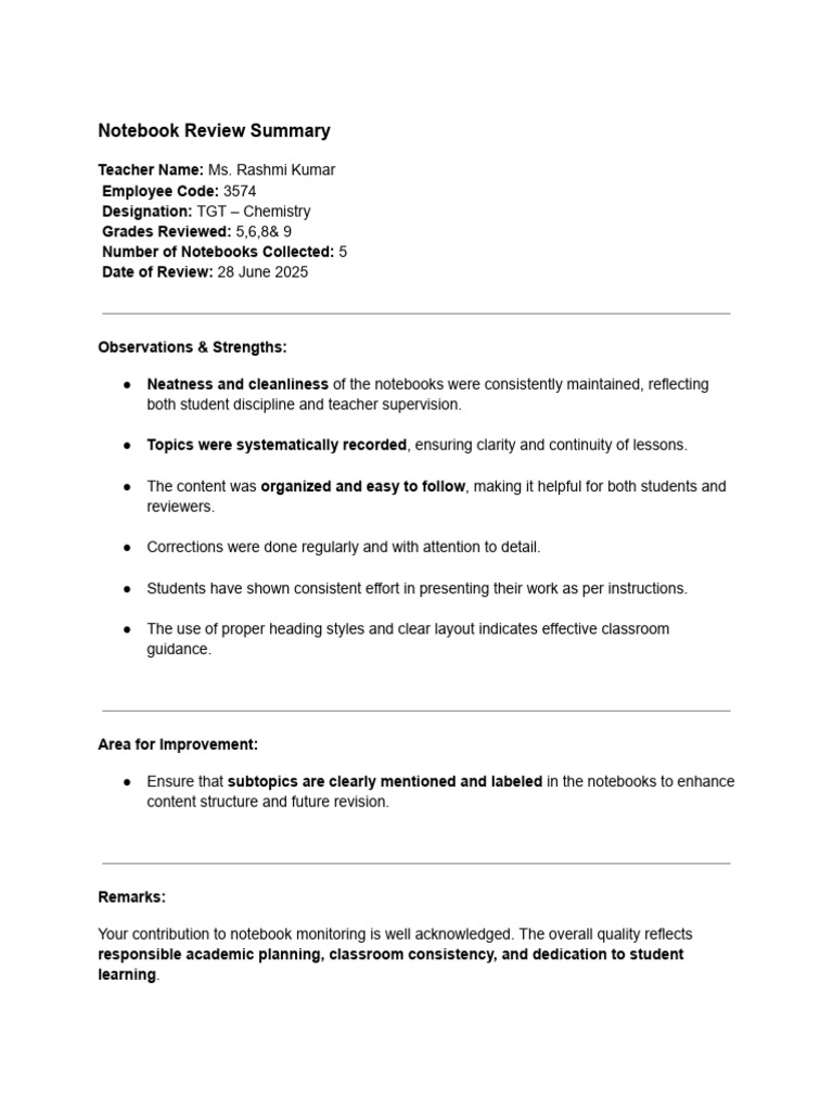 Notebook Review Summary for Grades 5-9 | PDF