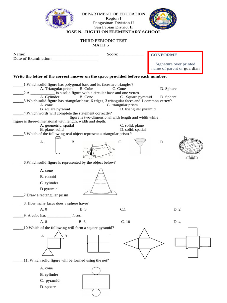 Math 6 Third Periodic Test Questions | PDF | Area | Triangle