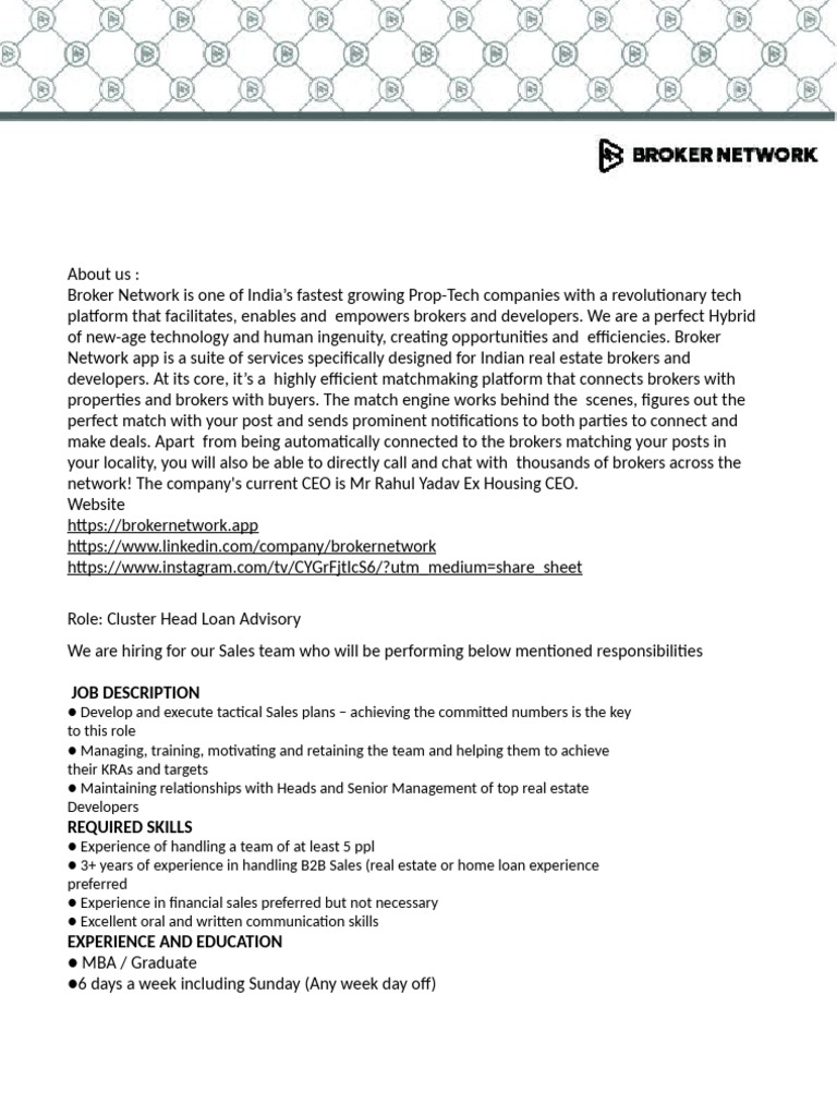 Job Description Cluster Head Loan Advisory | PDF