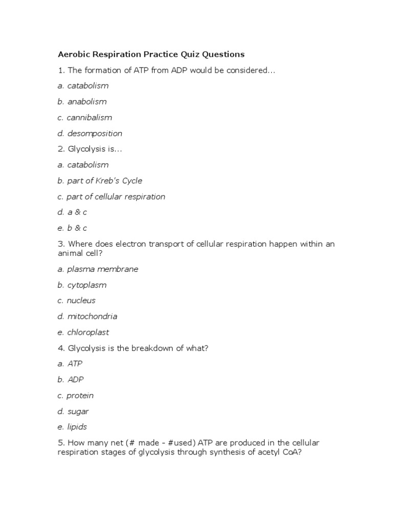 Aerobic Respiration Practice Quiz Questions | Download Free PDF ...
