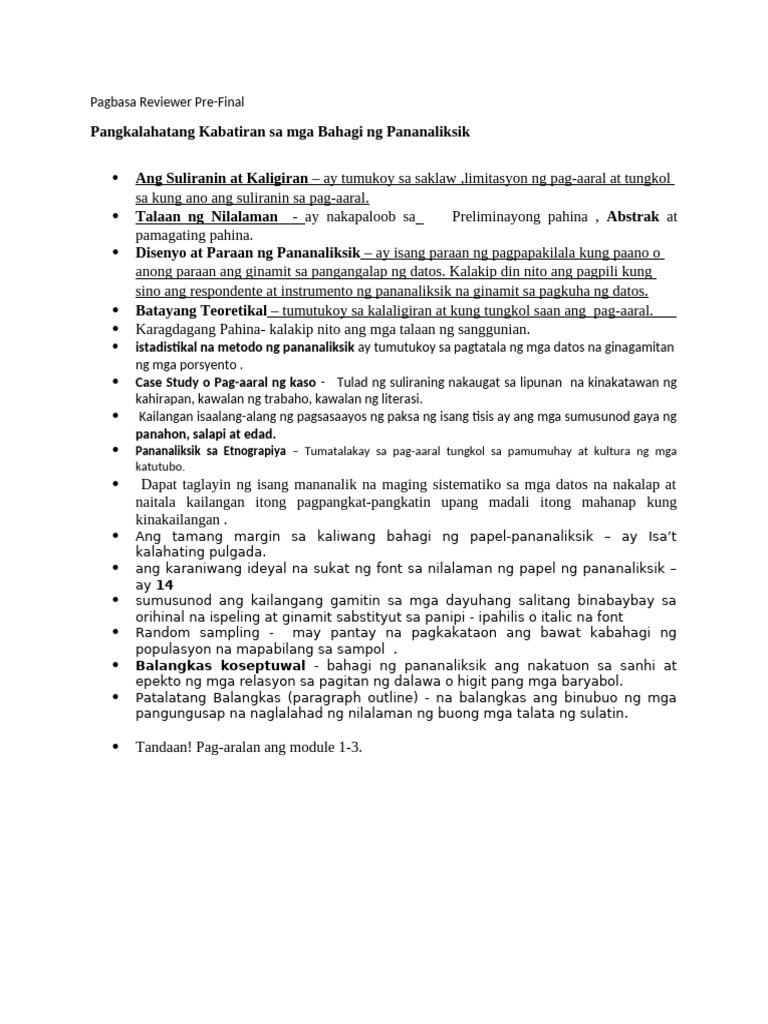 Pagbasa Reviewer Pre-Final | PDF
