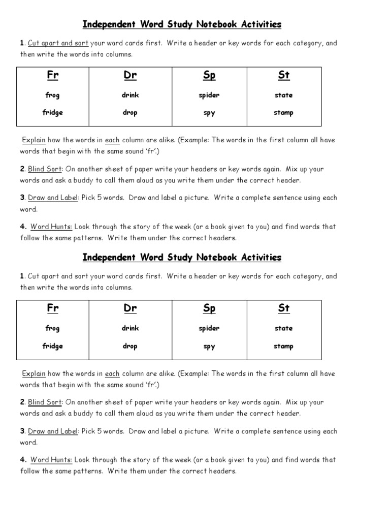 Word Study Notebook Activities | PDF