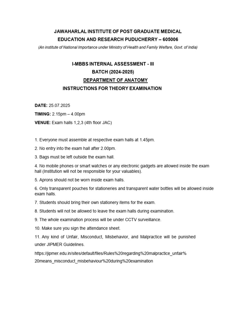 Instructions For MBBS Ia 3 Theory | PDF