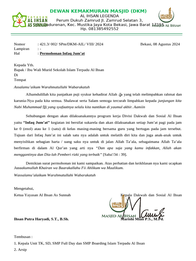 Permohonan Infaq Jum'at Al Ihsan | PDF