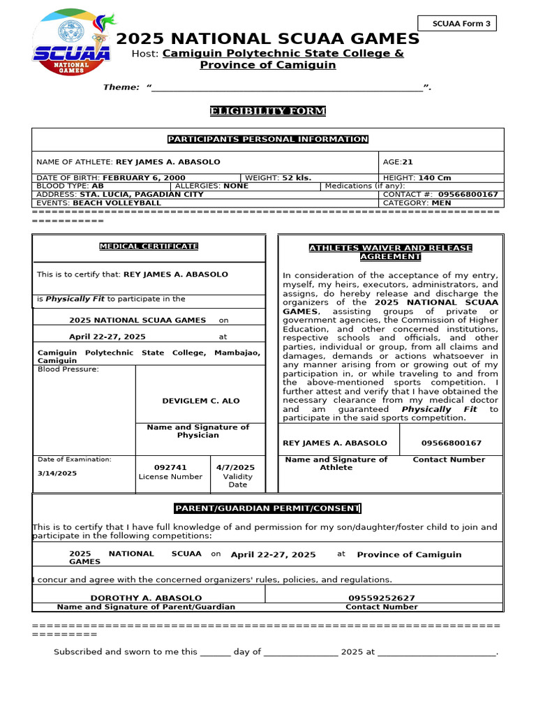 Form 3 DONGKOY3in1 - 2025 National SCUAA | PDF