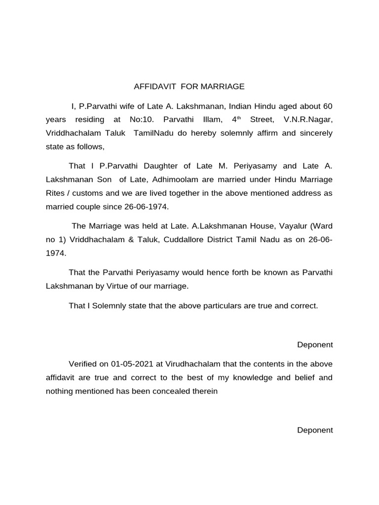 Affidavit of Marriage for P. Parvathi | PDF