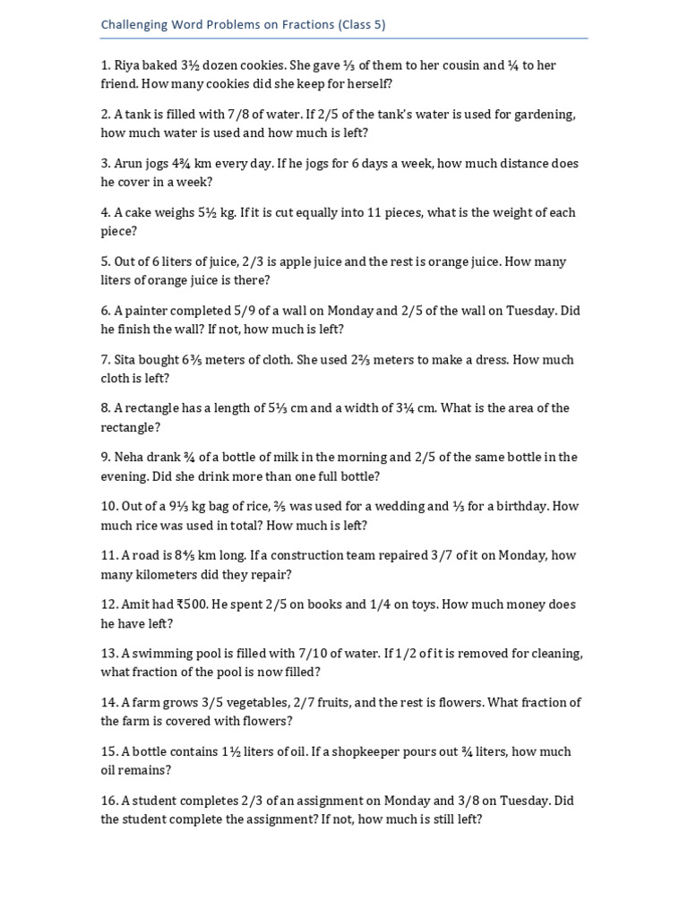Class 5 Fraction Word Problems | PDF