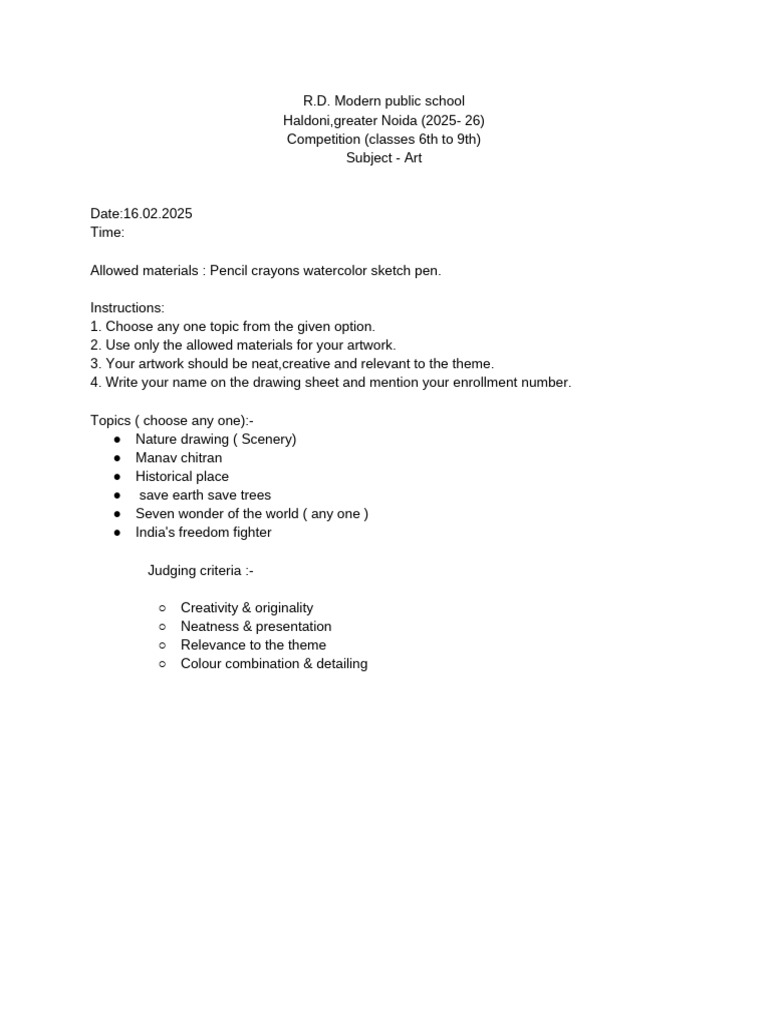 Art Competition Guidelines for Classes 6-9 | PDF