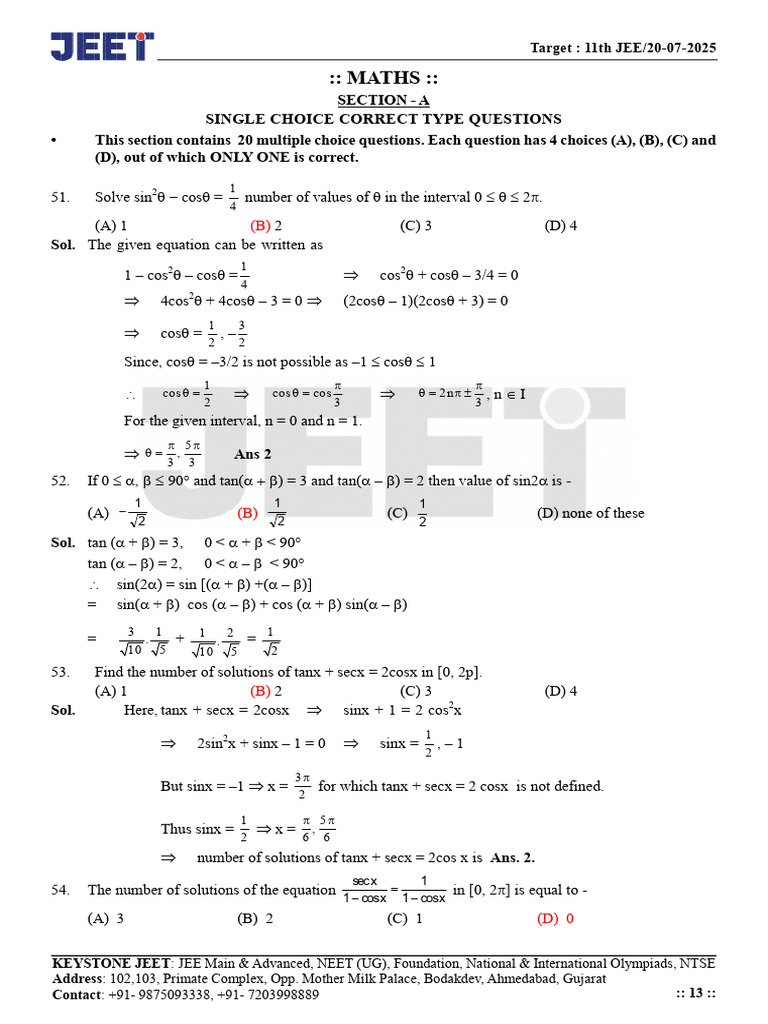 03 11th JEE Maths 20-07-2025 With Solution | PDF | Equations | Algebra