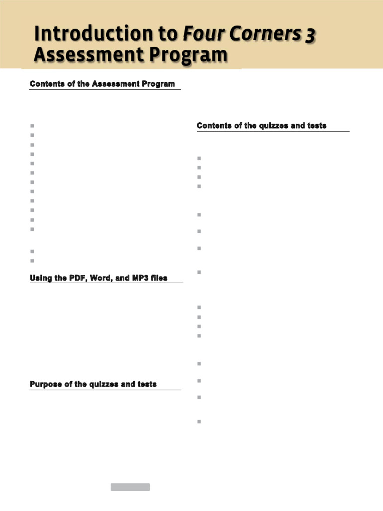 Four Corners 3 Assessment Overview | PDF | Reading Comprehension | Quiz