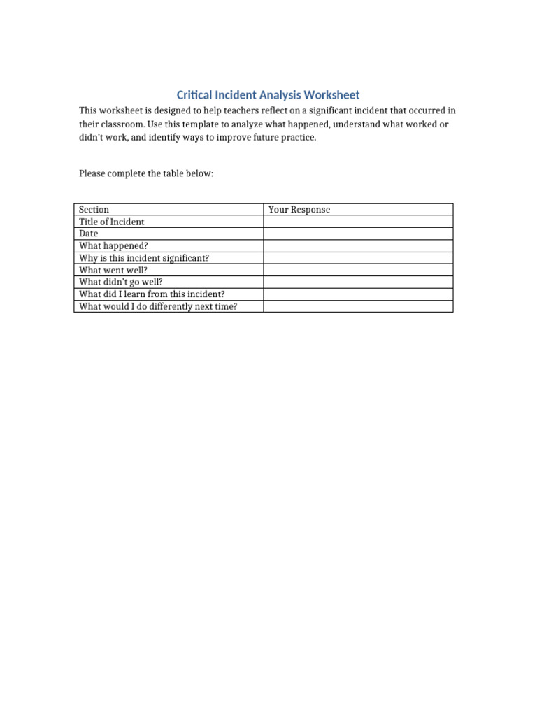 Critical Incident Analysis Worksheet | PDF