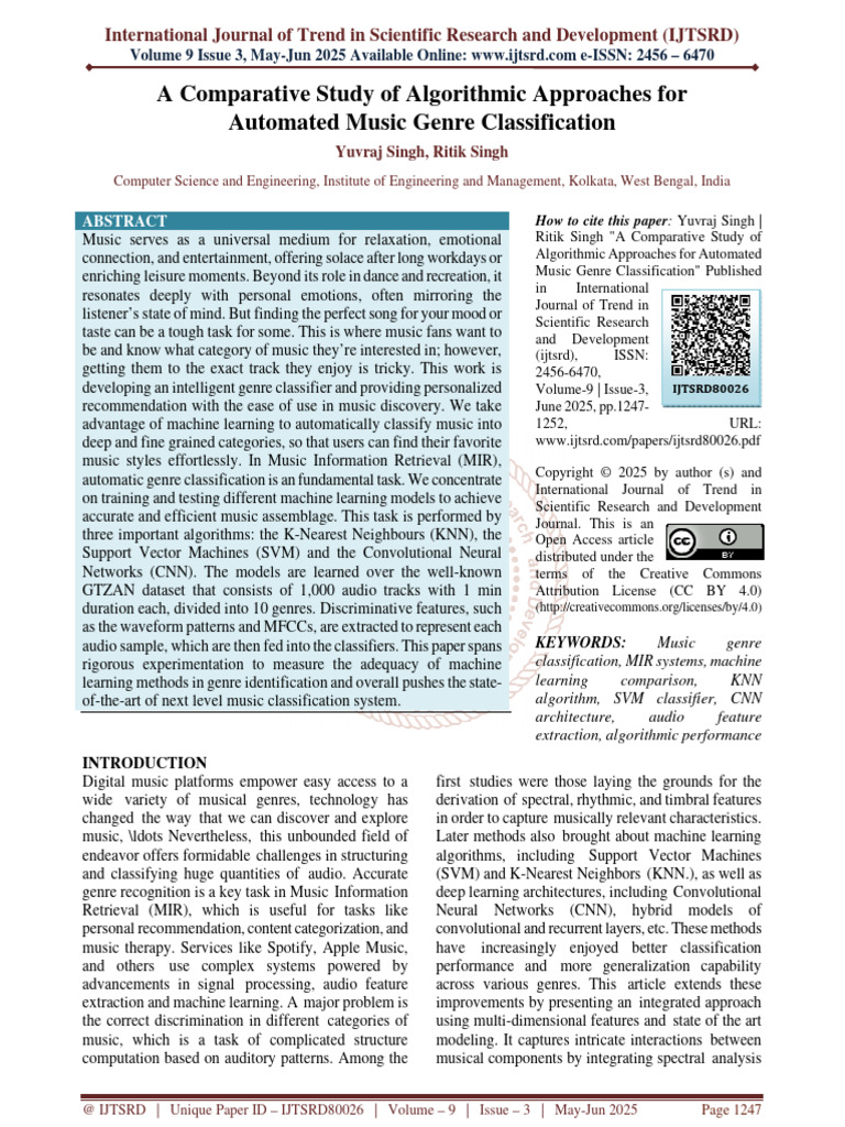 A Comparative Study of Algorithmic Approaches For Automated Music Genre Classification | PDF ...