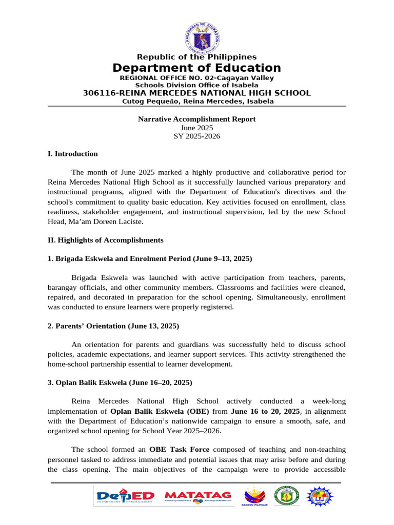 School Accomplishment Report-Monthly Sy 2025-2026 | PDF | Teachers ...