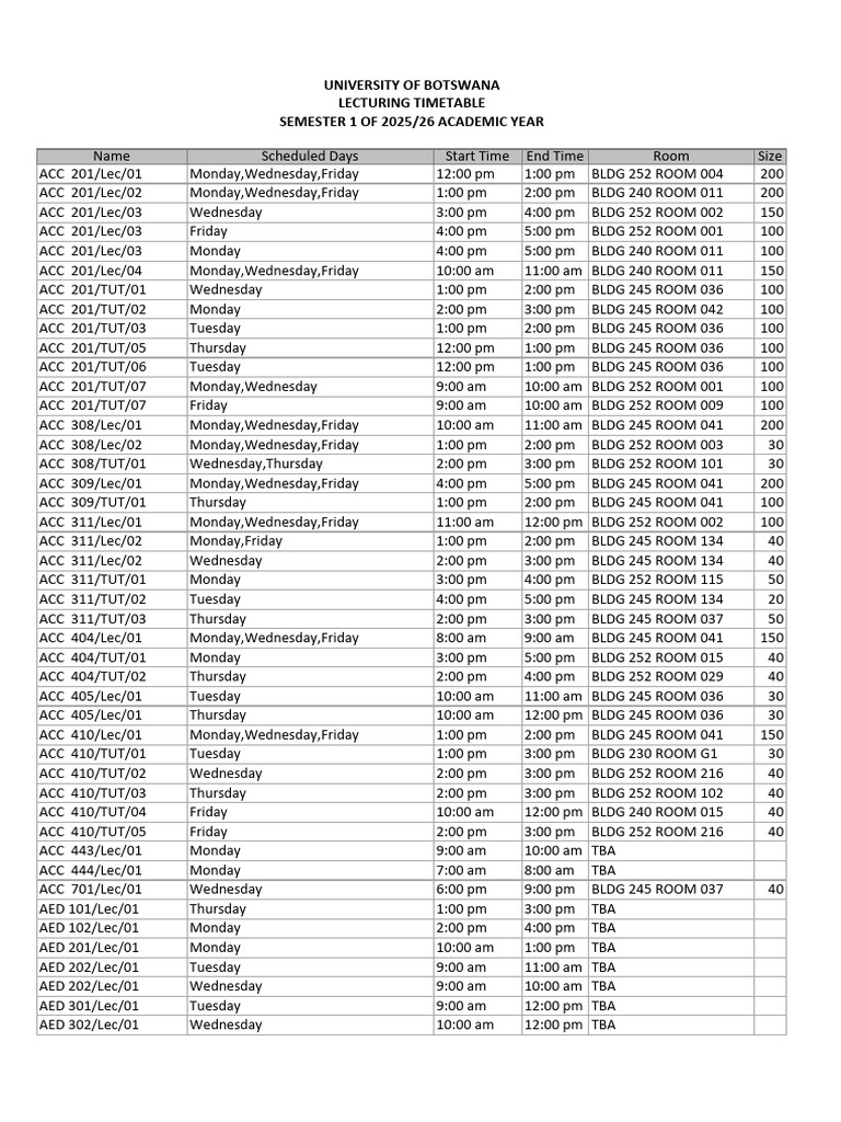 UB - Lecturing Timetable For Semester 1 of 2025 26 Academic Year ...